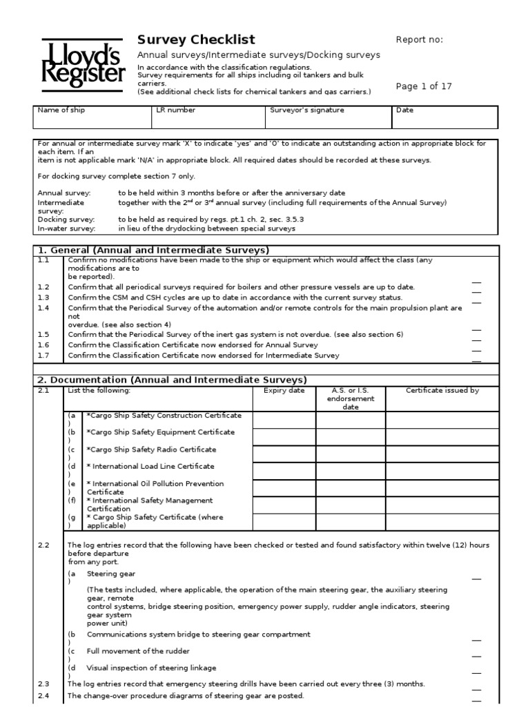 Classification Annual Survey Checklist | PDF | Oil Tanker | Ships