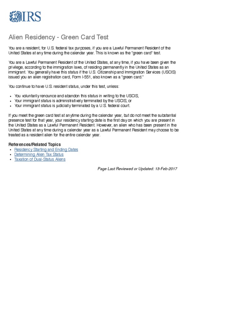 Alien Residency - Green Card Test | PDF | Social Science | Law