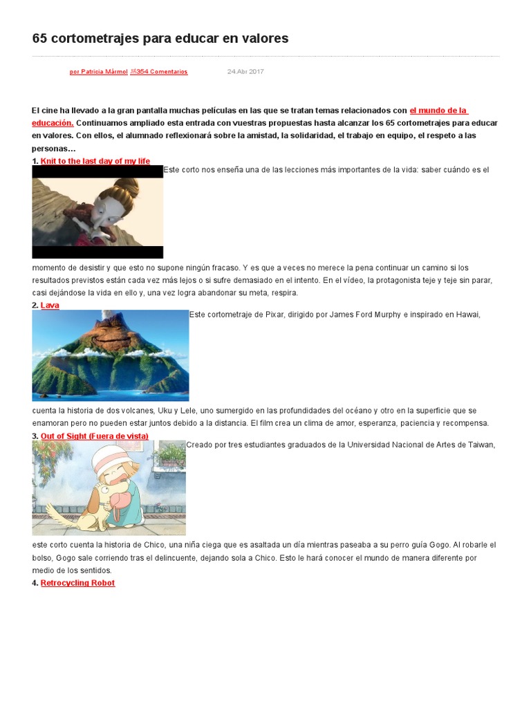 65 Cortometrajes Para Educar En Valores Pdf Pixar Egoismo Psicologico