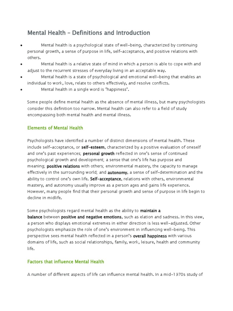 Mental Health - Definitions and Introduction | PDF | Mental Health ...