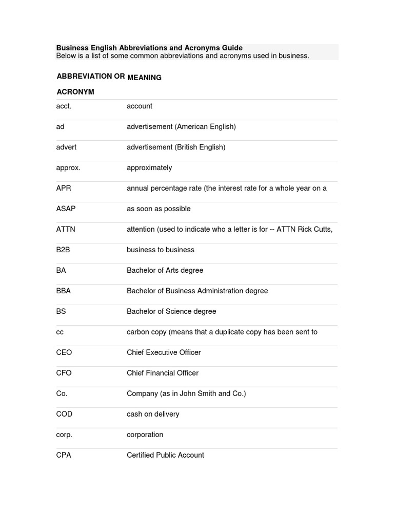 Business English Abbreviations and Acronyms Guide | PDF | Annual ...