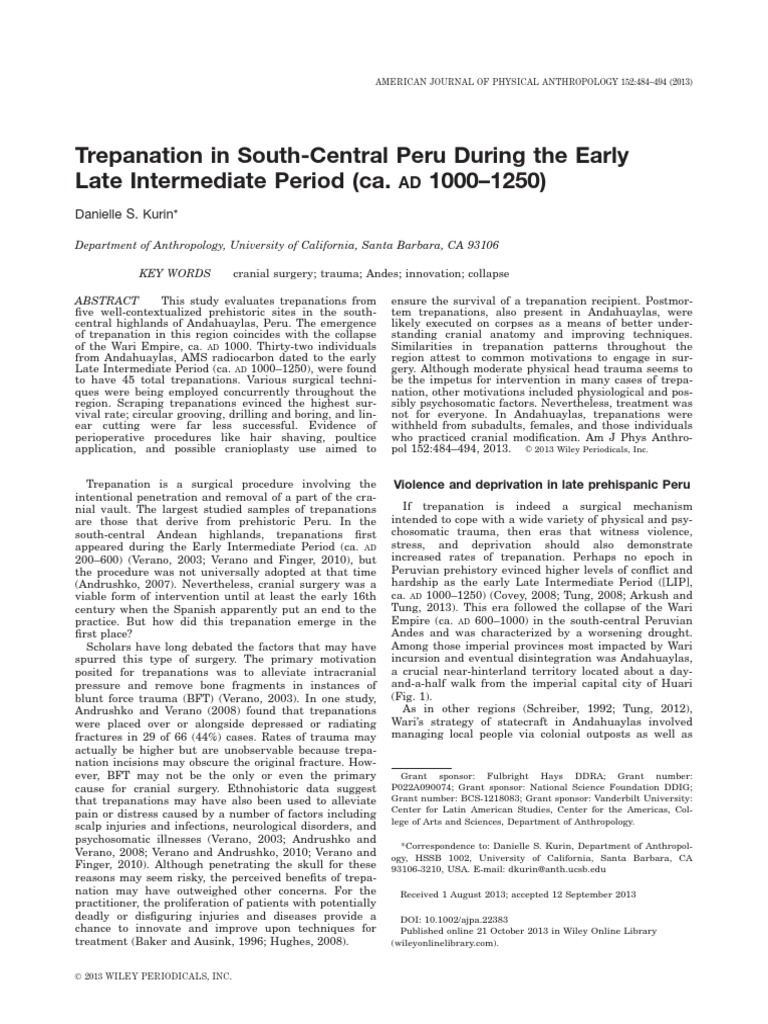 Kurin 2013 Trepanation in Peru AJPA 152-4-484-494 | PDF | Skull | Drilling