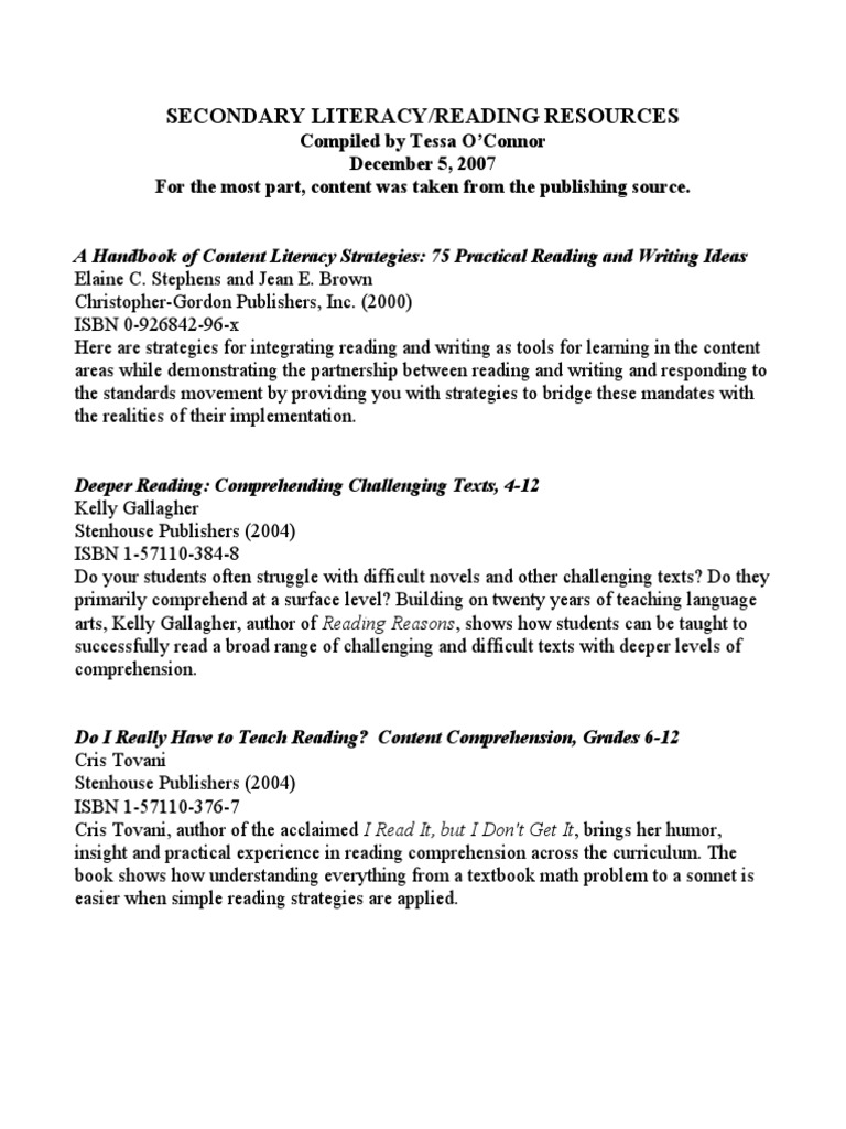 Content Literacy Reading Resources | PDF | Reading Comprehension | Teachers