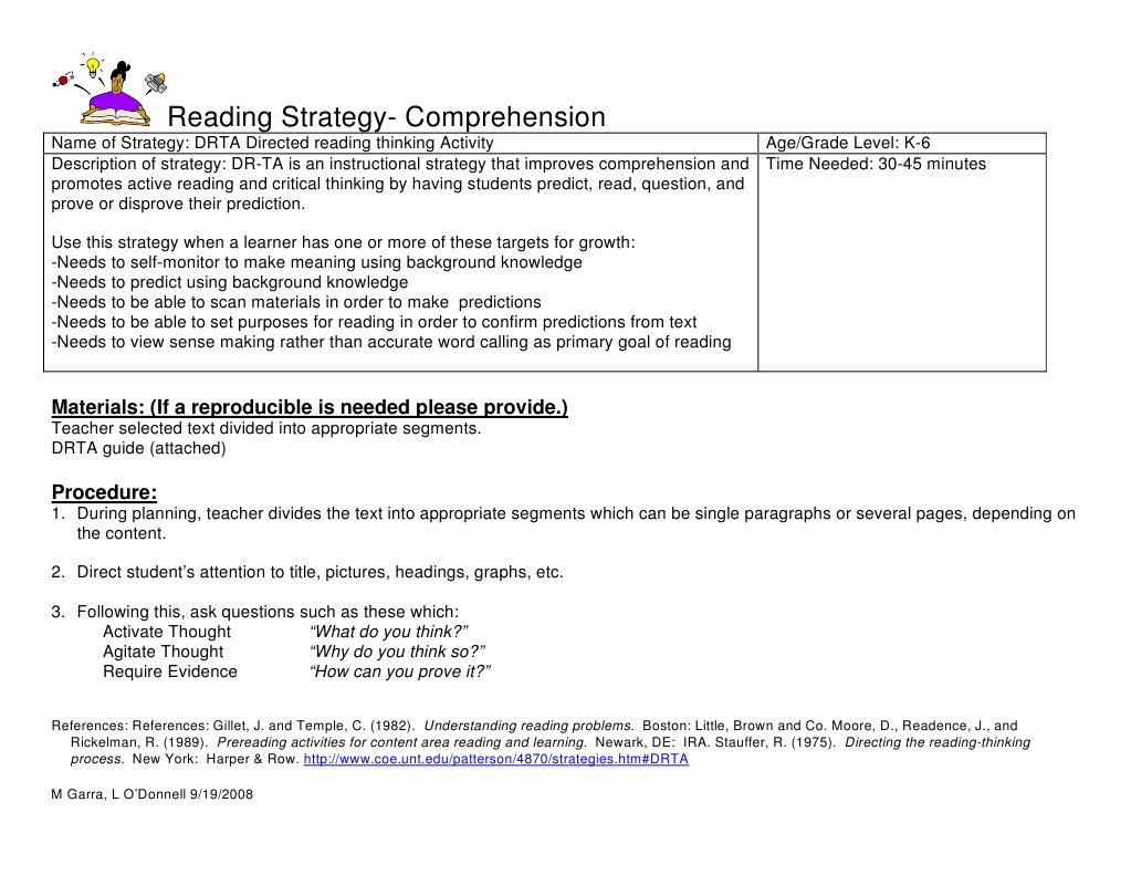 Directed Reading Thinking Activity Strategy Checklist | PDF | Reading ...