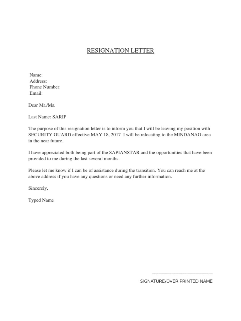 Security Guard Resignation Letter | PDF