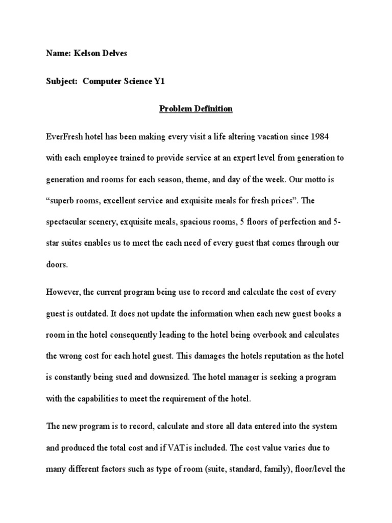 Name: Kelson Delves Subject: Computer Science Y1 Problem Definition | PDF
