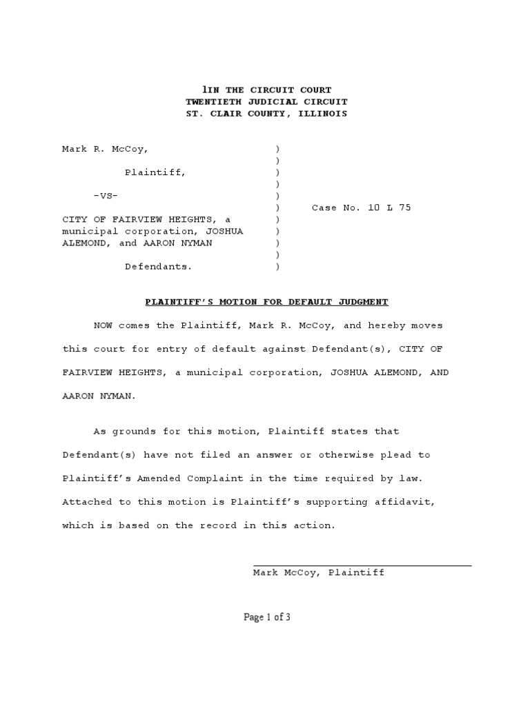 Default Judgment Motion in Illinois Case | PDF