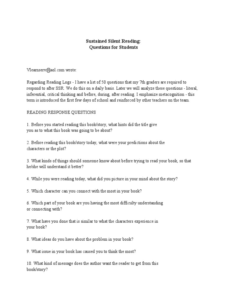 Sustained Silent Reading Reading Response Questions | PDF | Books | Thought