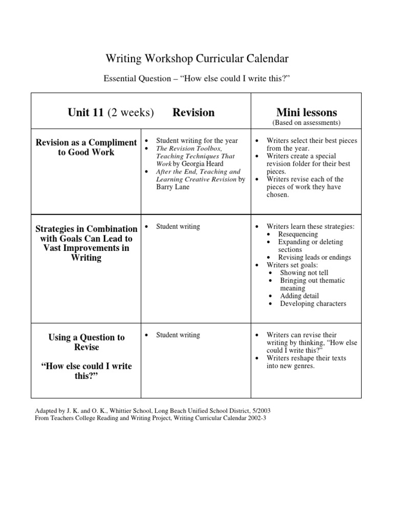 Writing Workshop Revision Calendar | PDF | Educational Psychology ...