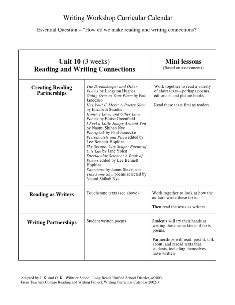 Unit Ten (Reading & Writing Connections) | PDF | Writers | American ...