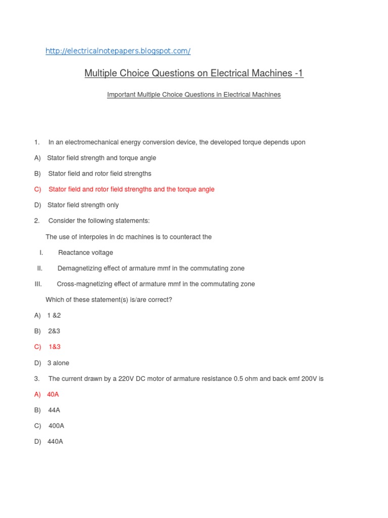 Electrical Machines MCQ | PDF | Transformer | Electrodynamics