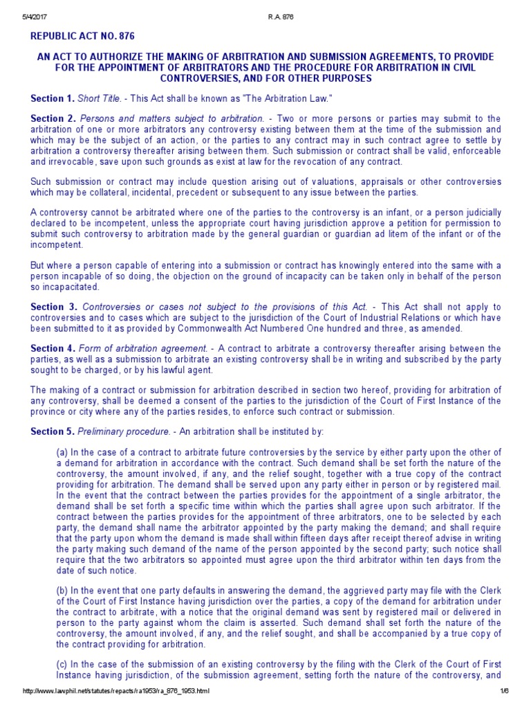Ra 876 | PDF | Arbitral Tribunal | Arbitration