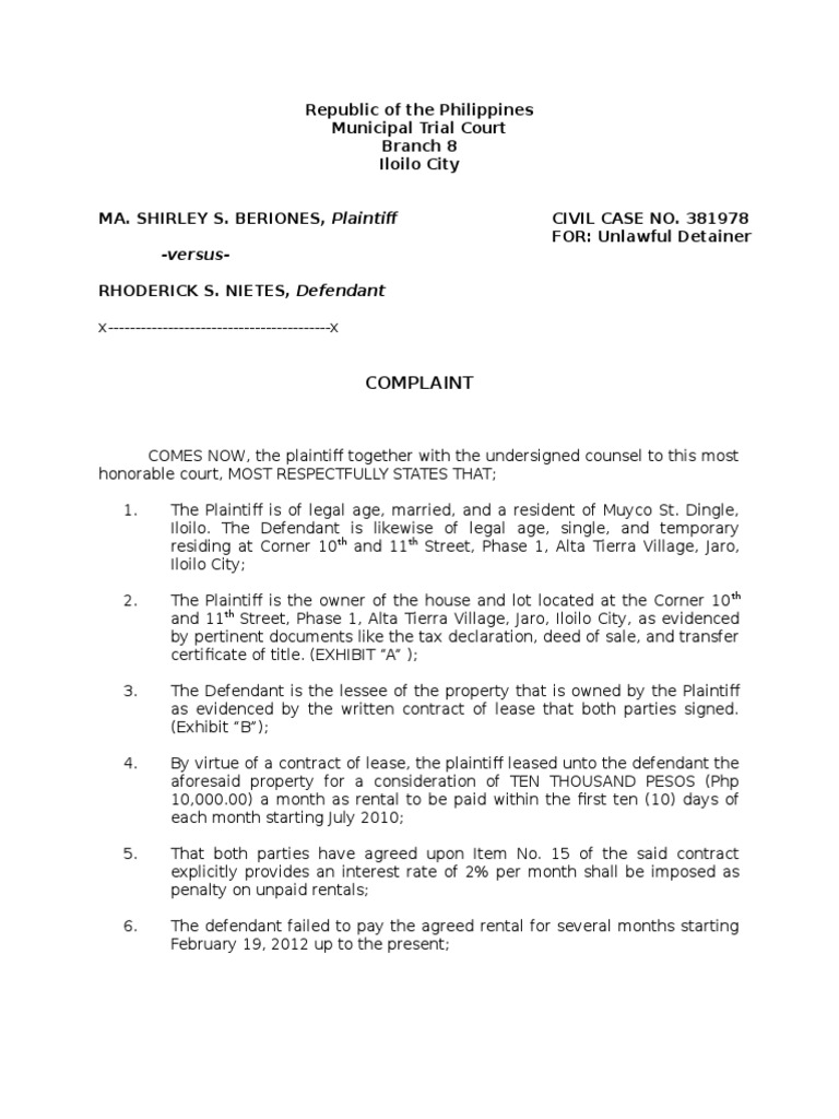 Legal Forms - Sample Ejectment Complaint | Lease | Lawsuit