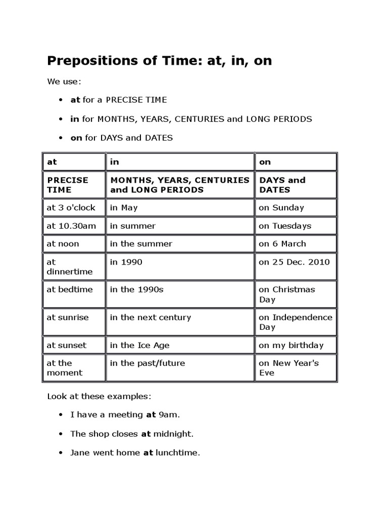 Prepositions of Time: At, In, On | PDF