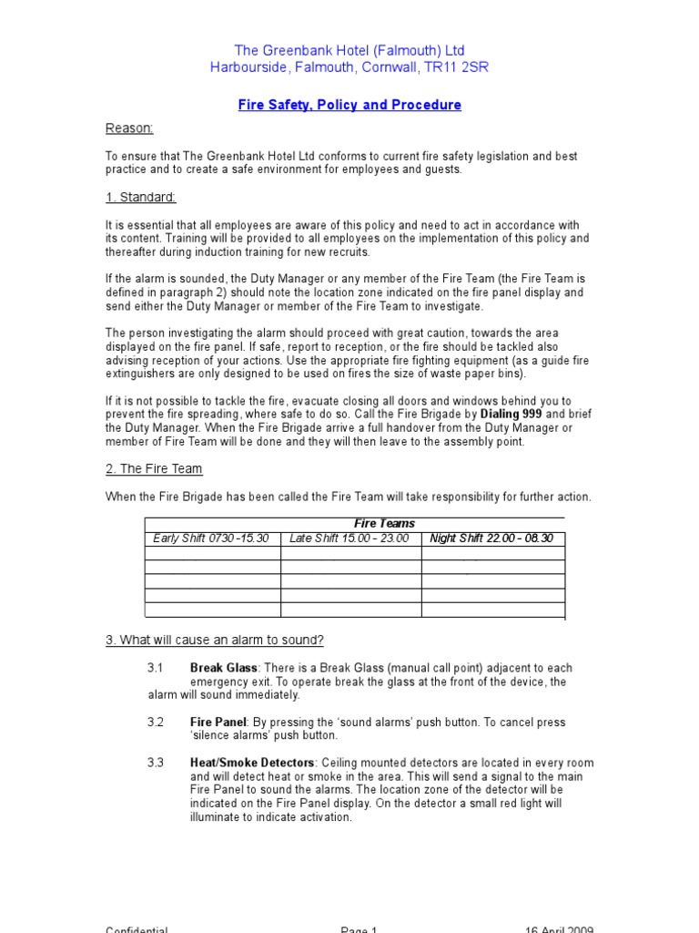 Fire Safety, Policy and Procedure For A Hotel | PDF | Firefighter | Safety