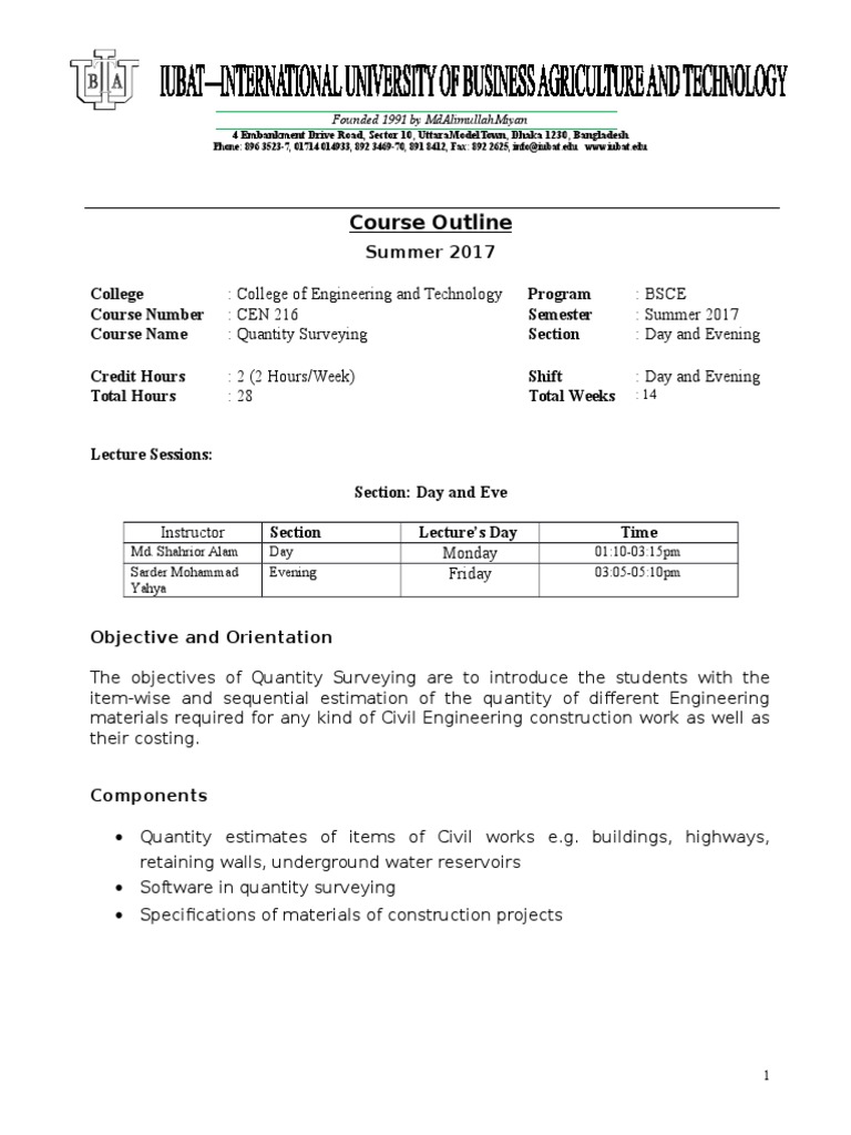 Quantity Surveying CEN 216 Course Outline-Summer 2017 | PDF ...