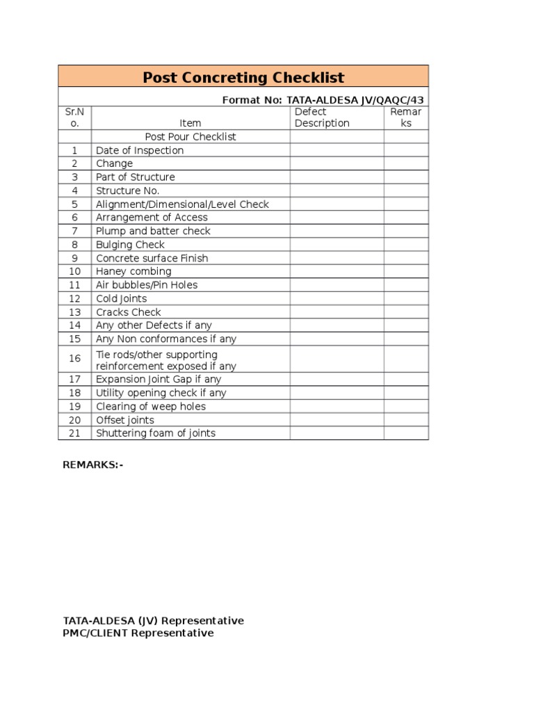Post Concreting Checklist: Format No: TATA-ALDESA JV/QAQC/43 | PDF