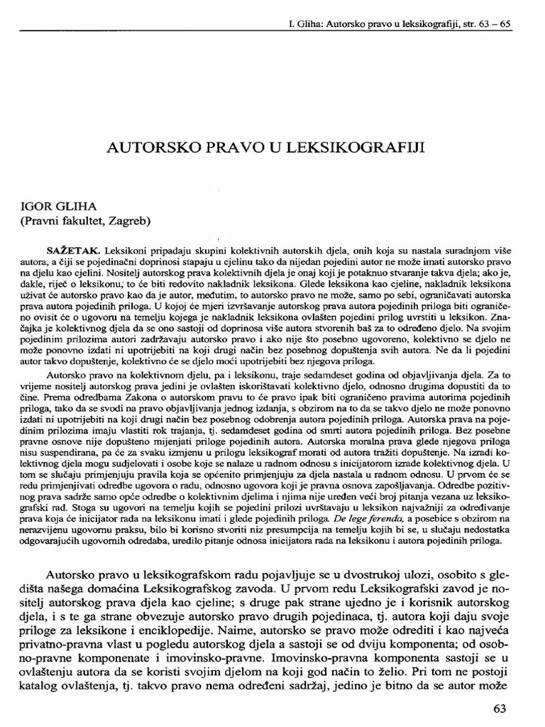 Igor Gliha Autorsko Pravo U Leksikografiji | PDF