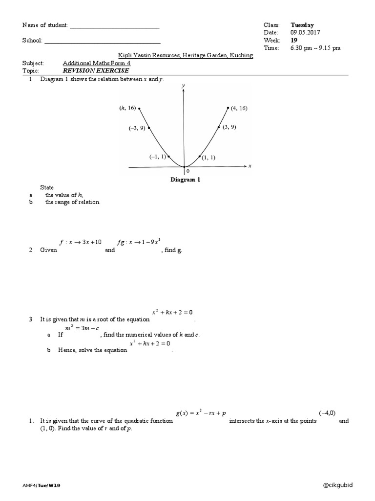 Revision Exercise on Additional Maths Topics Including Relations ...