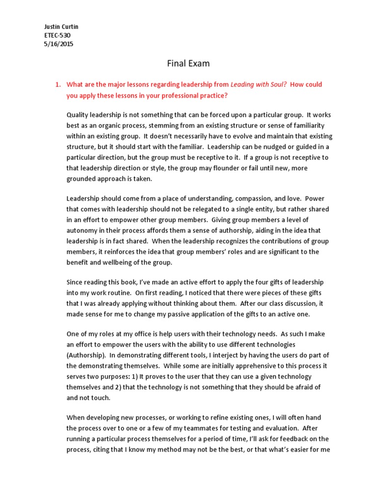 Etec 530 - Final Exam | PDF | System | Leadership