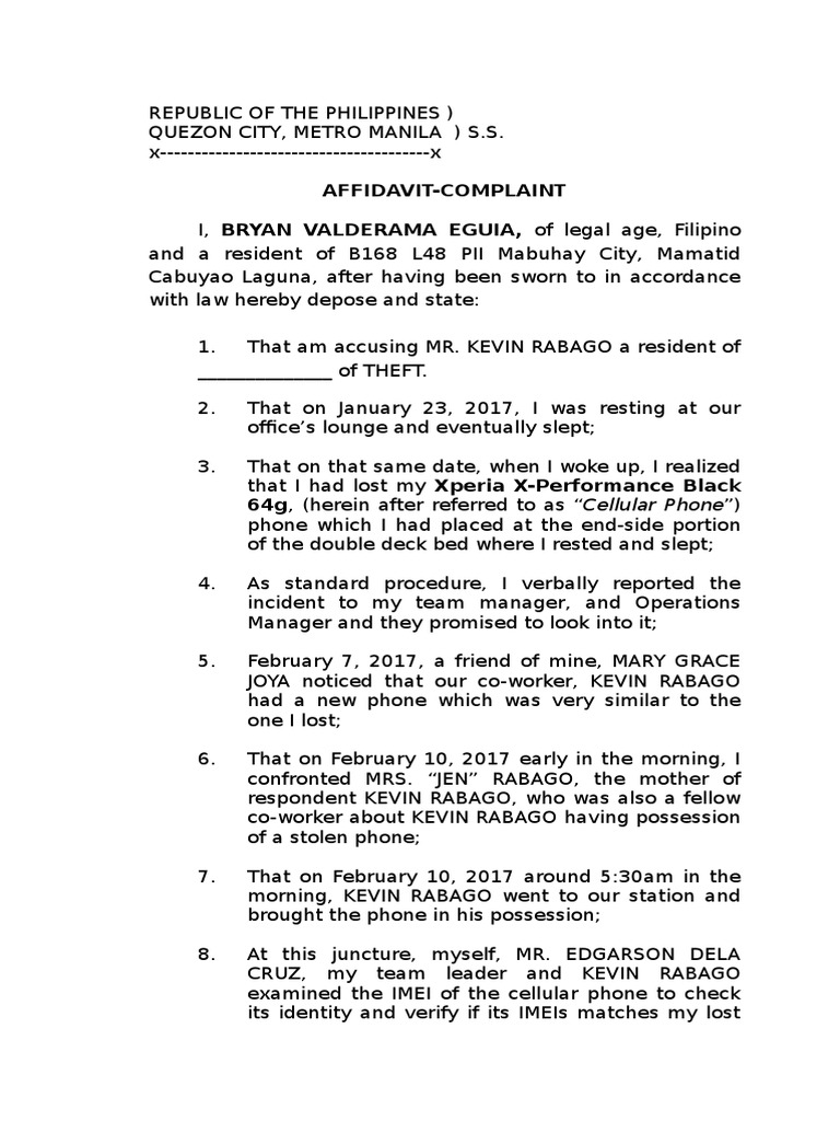 Theft Complaint Affidavit Sample | PDF | Theft | Mobile Phones