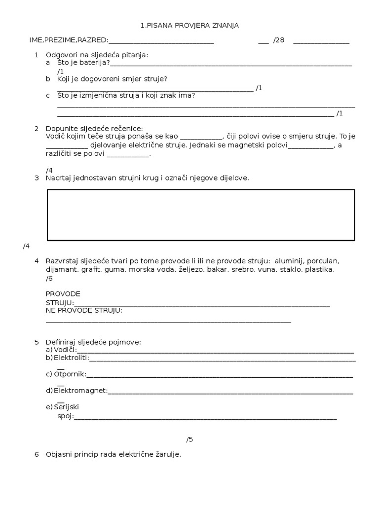 Fizika 8. Razred 1 Ispit | PDF