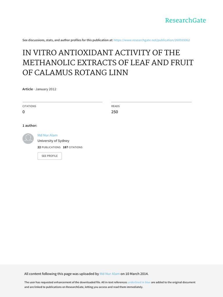 in Vitro Antioxidant Activity of The Methanolic Extracts of Leaf and Fruit of Calamus Rotang ...