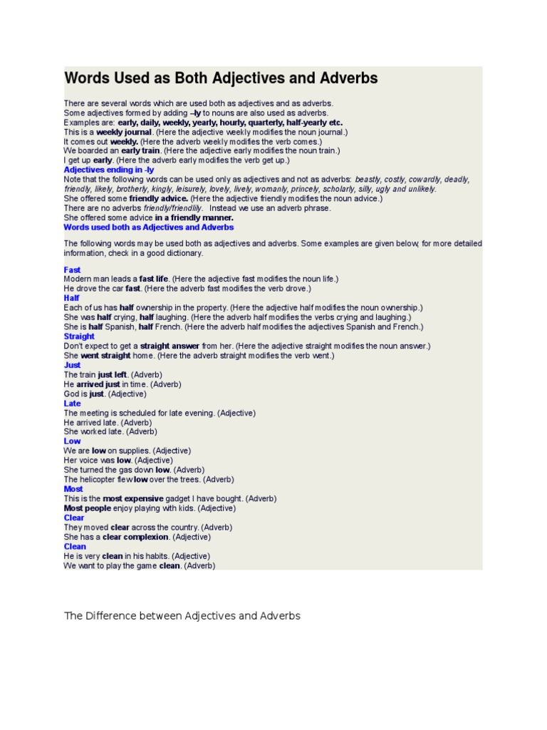 Words Used As Both Adjectives and Adverbs | PDF | Adverb | Adjective