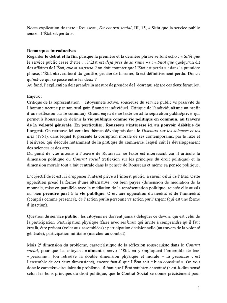 Explication de Texte Rousseau | Jean-Jacques Rousseau | État