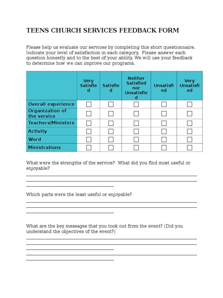 Teens Church Services Feedback Form | PDF | Psychology | Cognition