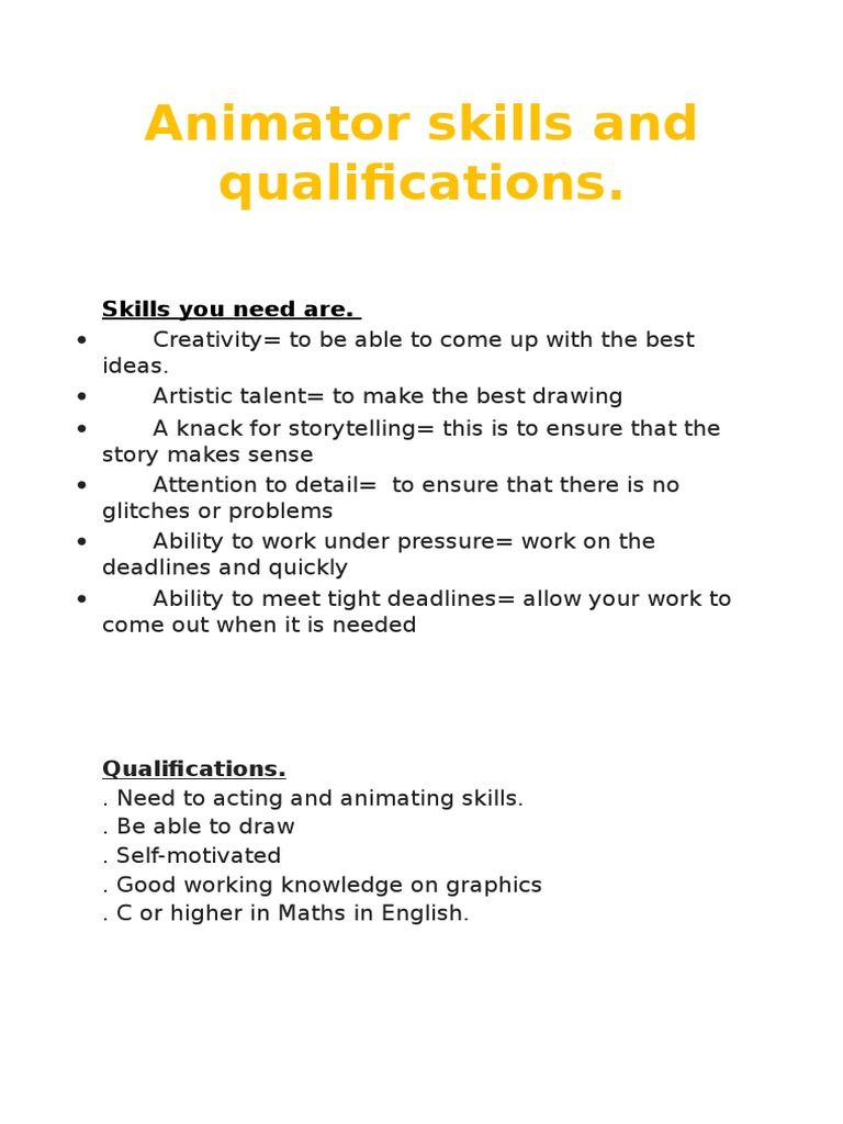 Animator Skills and Qualifications | PDF