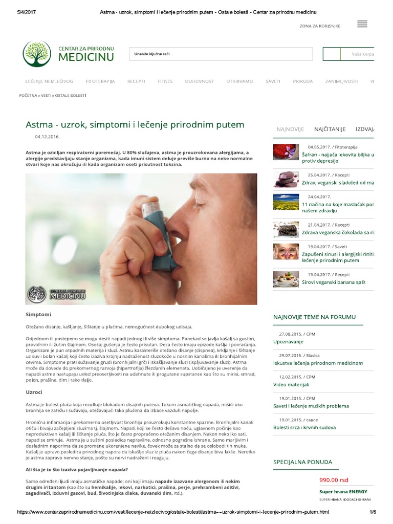 Astma - Uzrok, Simptomi I Lečenje Priro PDF | PDF