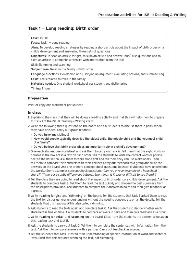 ISE III Task 1 - Long Reading - Birth Order | PDF | Sibling | Question