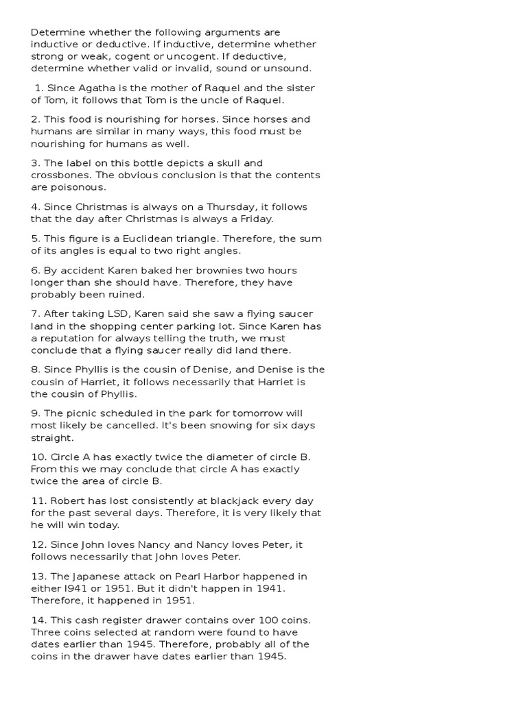 Determine whether arguments are inductive/deductive, valid/invalid ...