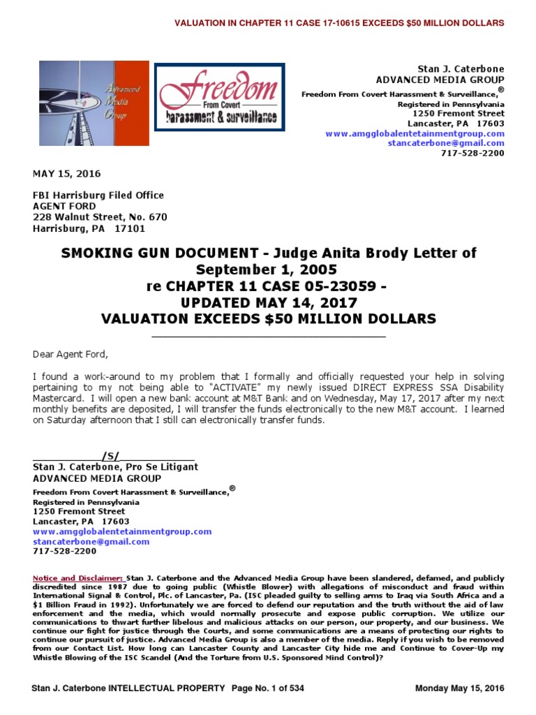 SMOKING GUN DOCUMENT - Judge Anita Brody Letter of September 1, 2005 Re CHAPTER 11 CASE 05-23059 ...