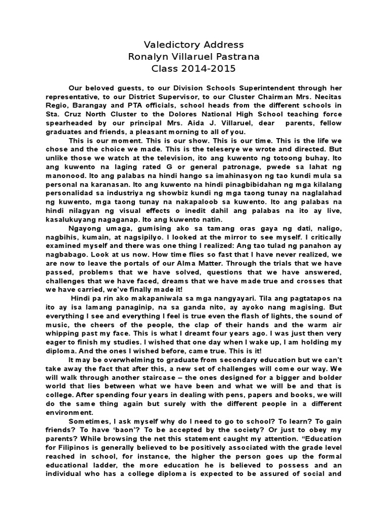 Valedictory Address Ronalyn Villaruel Pastrana Class 2014-2015 | PDF
