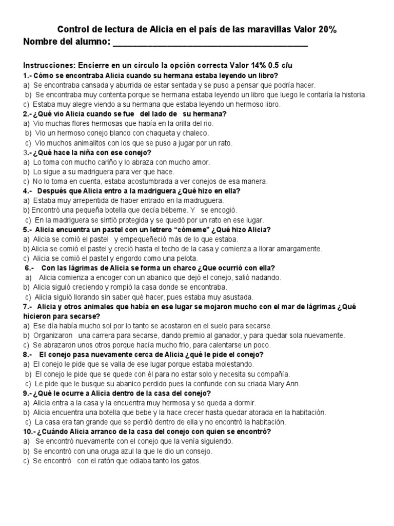 Control de Lectura de Alicia en El País de Las Maravillas Valor 20 ...