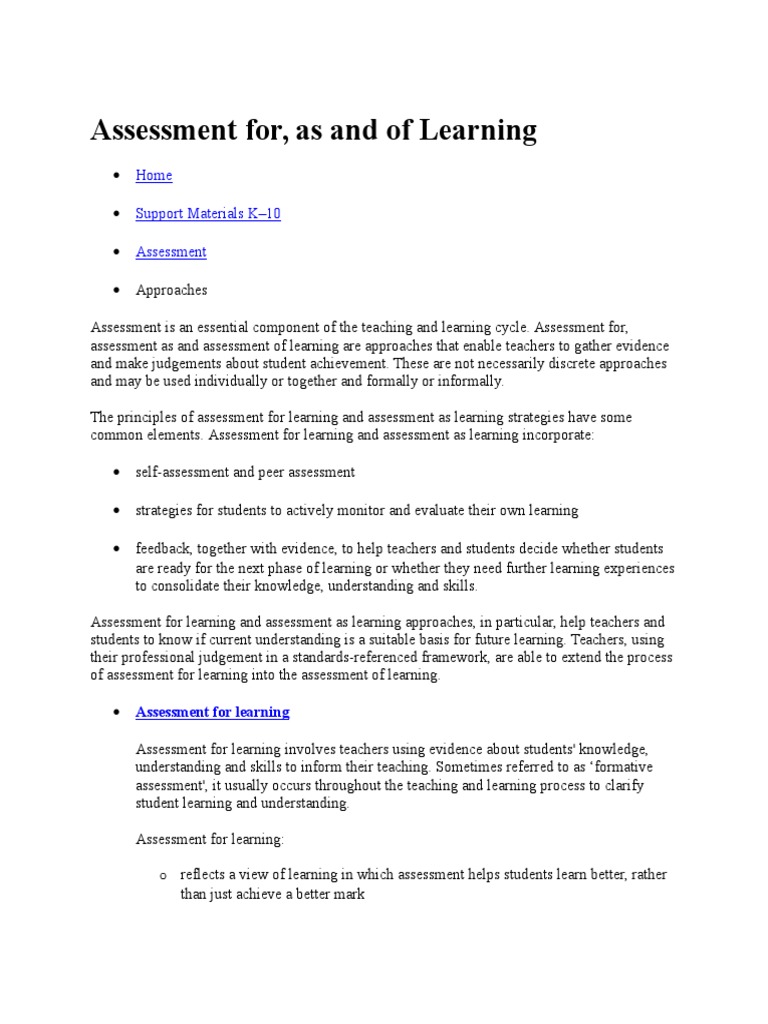 Assessment For, As and of Learning: Home Support Materials K-10 ...
