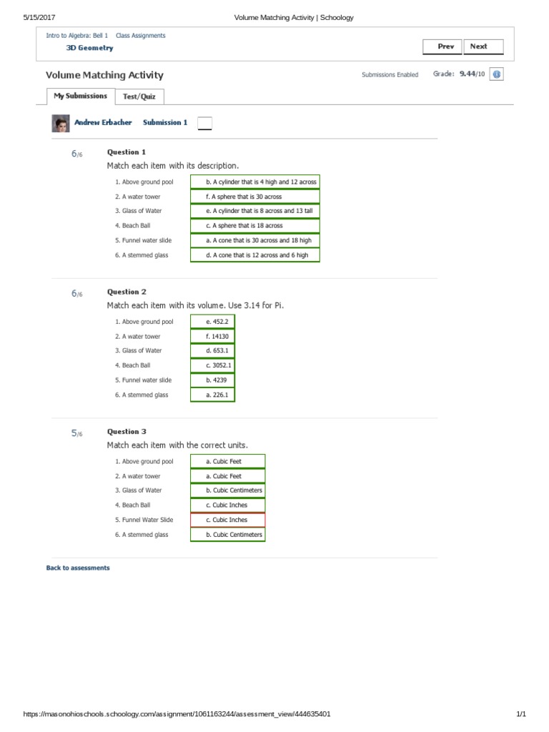 Volume Matching Activity Schoology | PDF | Volume | Geometry