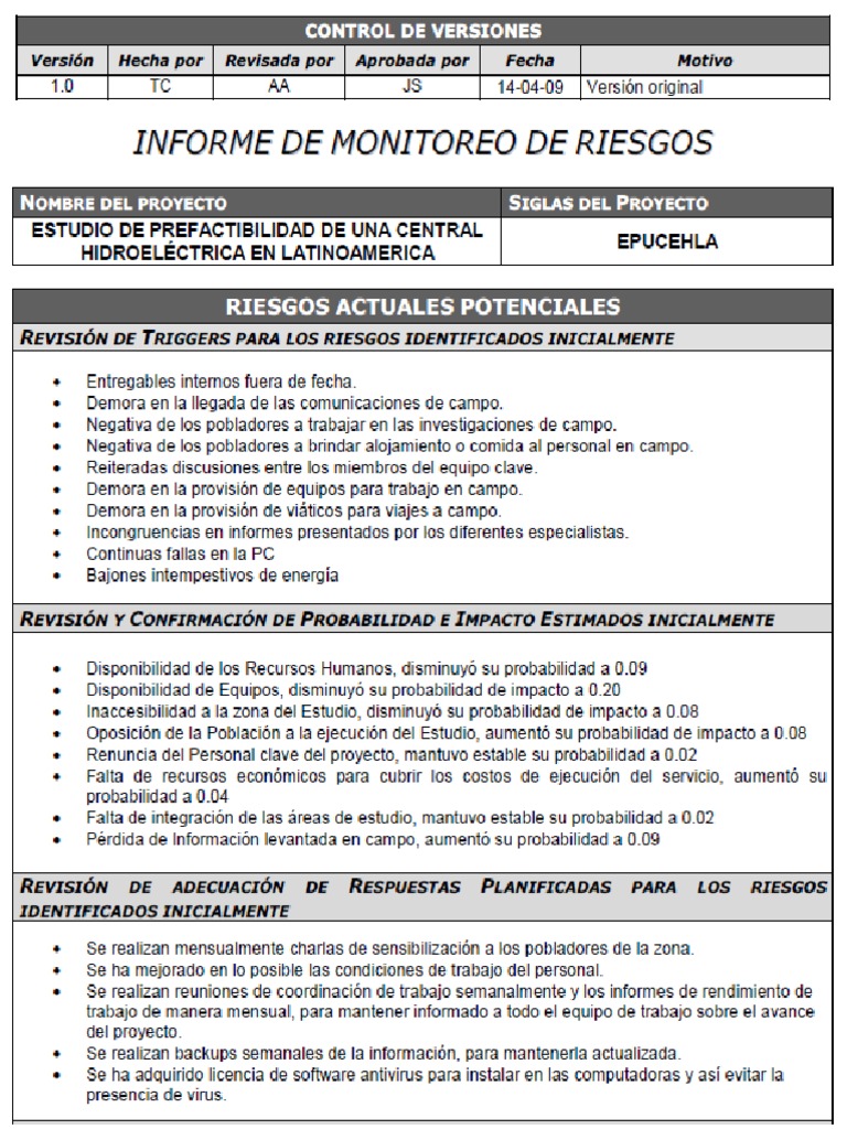 Ejemplo Plantilla Informe De Monitoreo De Riesgos Pdf