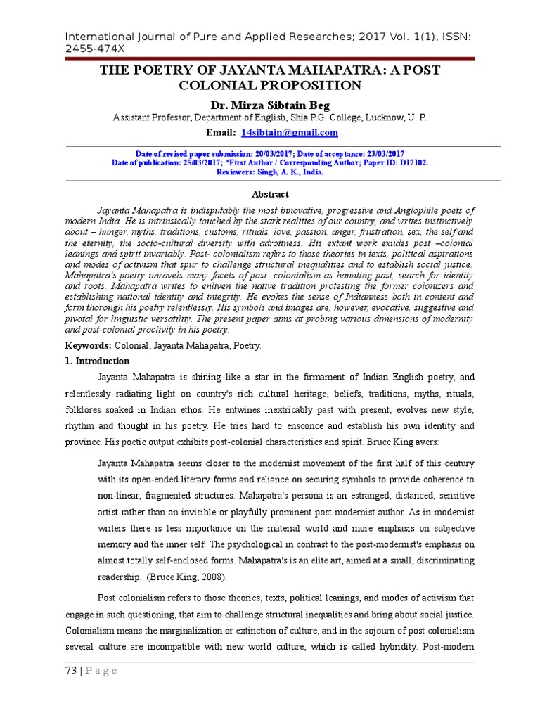 Jayanta Mahapatra's Post-Colonial Poetry Analysis | PDF | Poetry ...