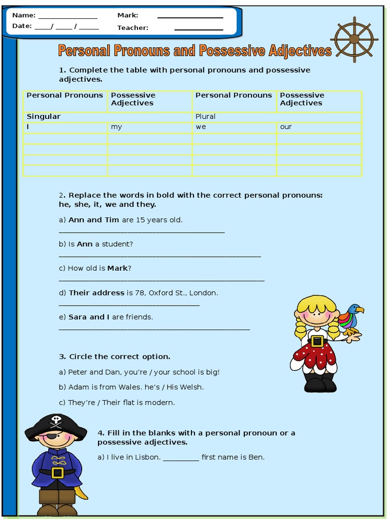 Pronouns and Possessive Adjectives Worksheet | PDF | Pronoun ...