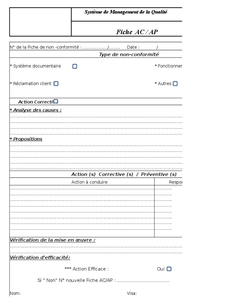 Fiche D action Corrective Et Préventive | Business | Technology