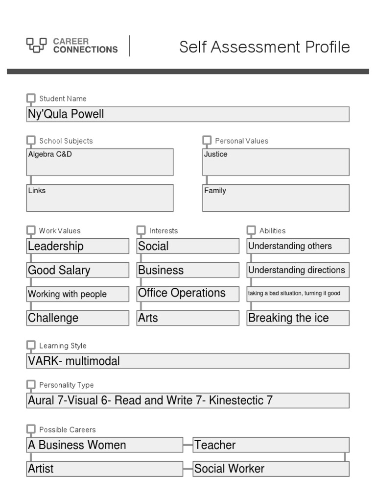 Self Assessment Profile: Student Name School Subjects Personal Values | PDF