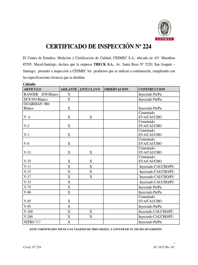 Certificacion Cesmec 2017 Zapatos PDF | PDF