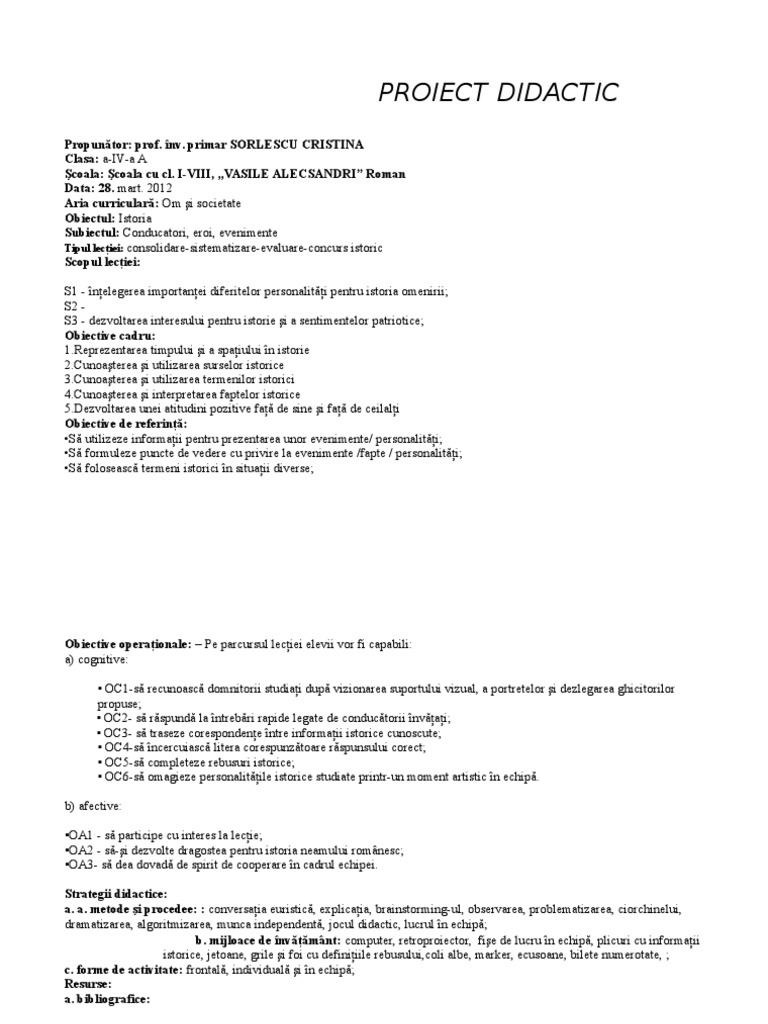 Proiect Didactic Istorie Cerc | PDF