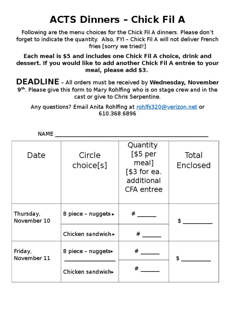 Chick-Fil-A Dinner Menu and Order Form for Upcoming ACTS Events | PDF