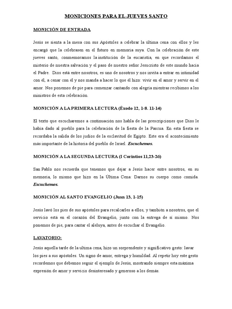 Moniciones para El Jueves Santo | PDF | eucaristía | Cristo (título)