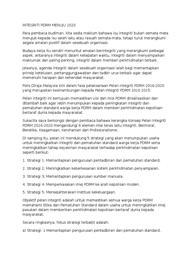 Integriti PDRM Menuju 2020 | PDF