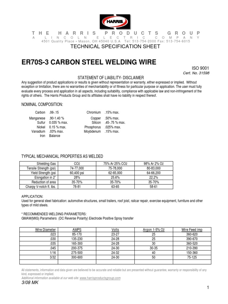 Er70S-3 Carbon Steel Welding Wire: Technical Specification Sheet | PDF